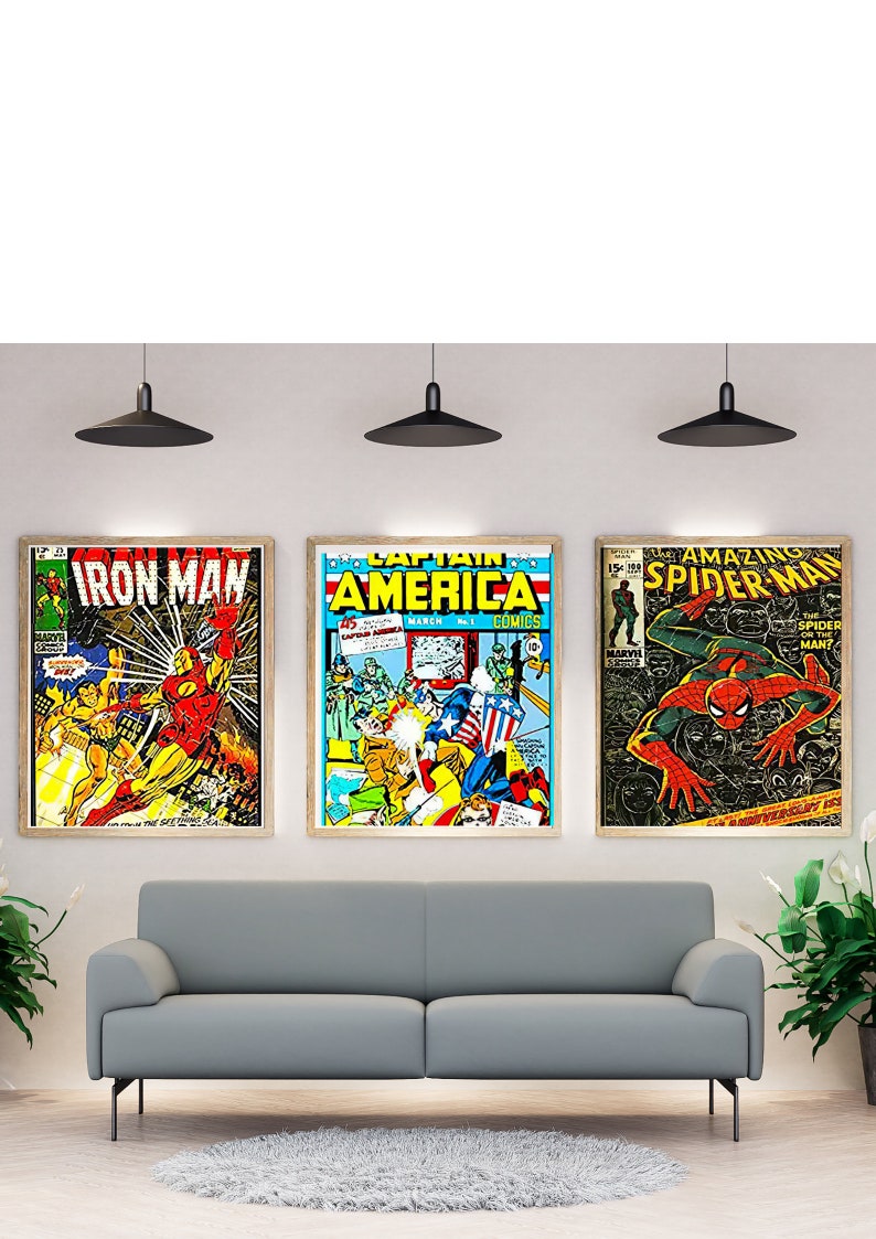 Set of 8 , Super Heroes Poster Room Decor Spiderman Hulk Captain ...