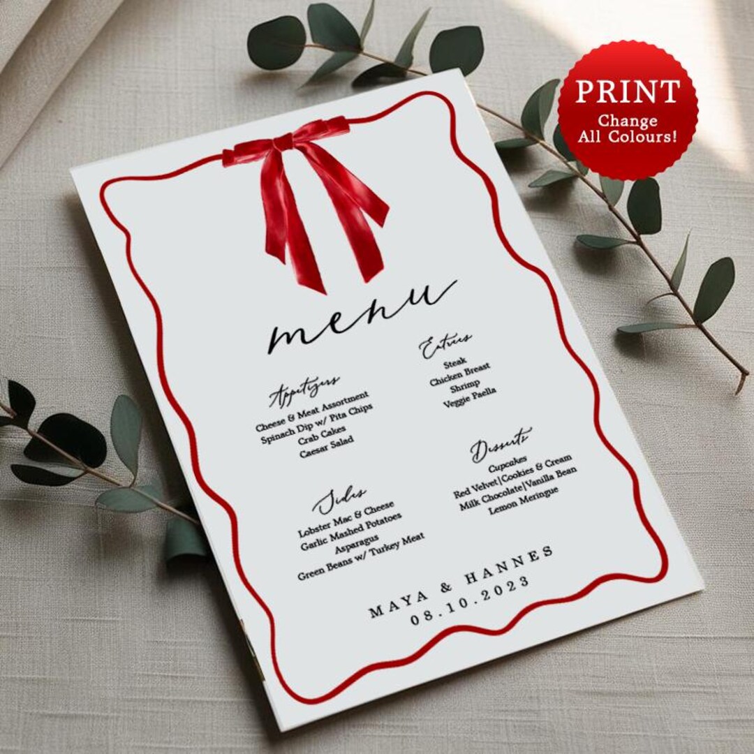 Bow Menu Card, Ribbon Wedding Menu Card, Red Bow Menu Special Cut Menu ...