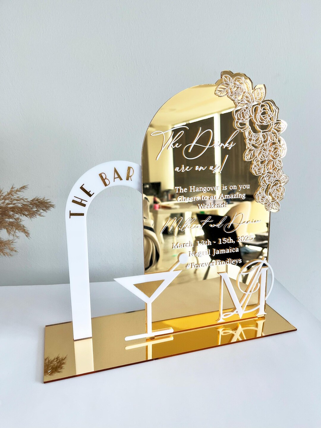 Gold Mirror Acrylic Wedding Bar Sign: Custom Floral Menu With Stand - Etsy