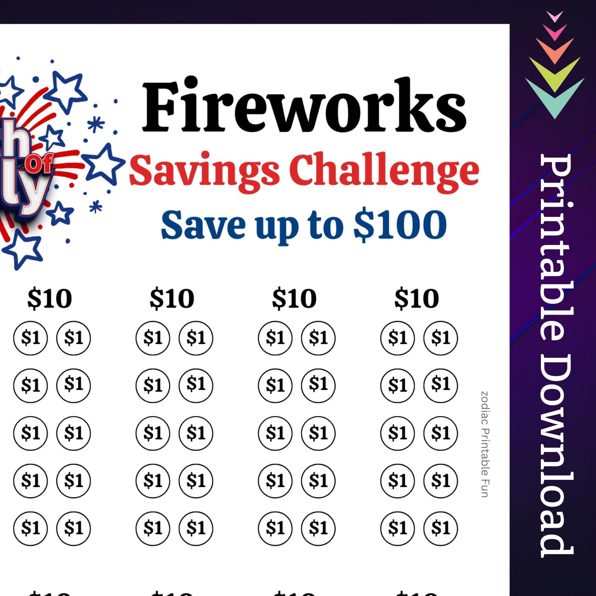 Fireworks Savings Challenge Printable 4th of July Money Saving Sinking ...
