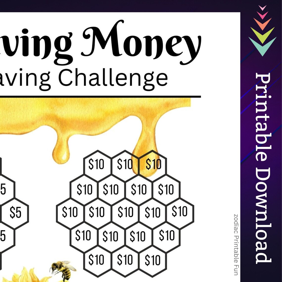 Honey Comb Saving Challenge Printable Sunflower Bee Savings Tracker for ...