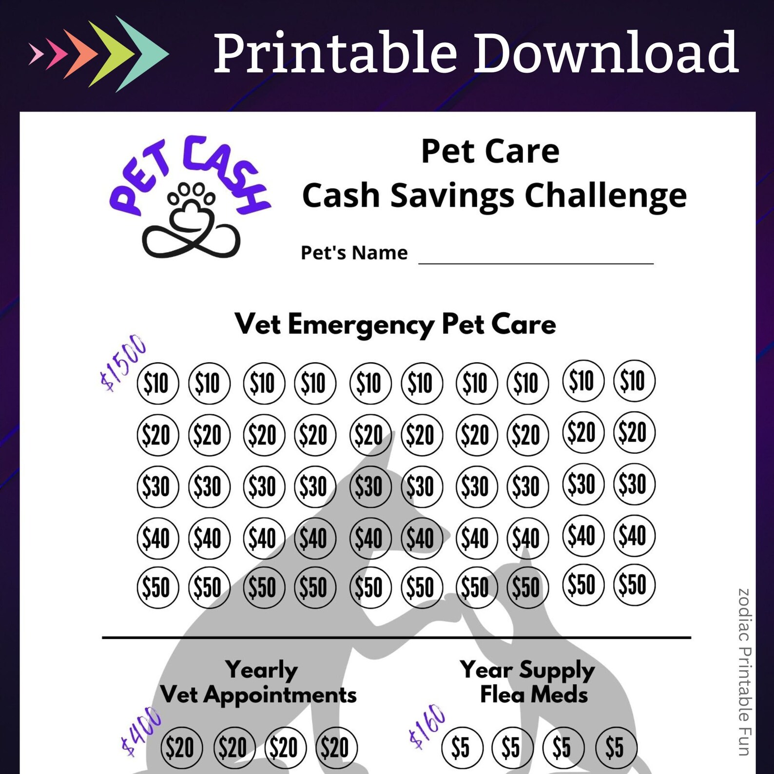Pet Care Savings Challenge Printable for Cat Dog Health Planner Cash ...