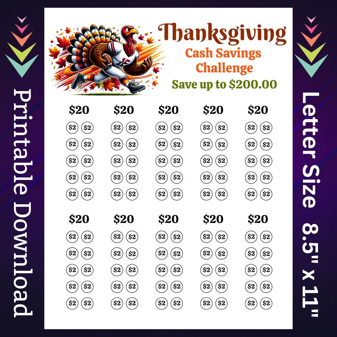 Thanksgiving Savings Challenge Printable for Fall Holiday Money Saving ...