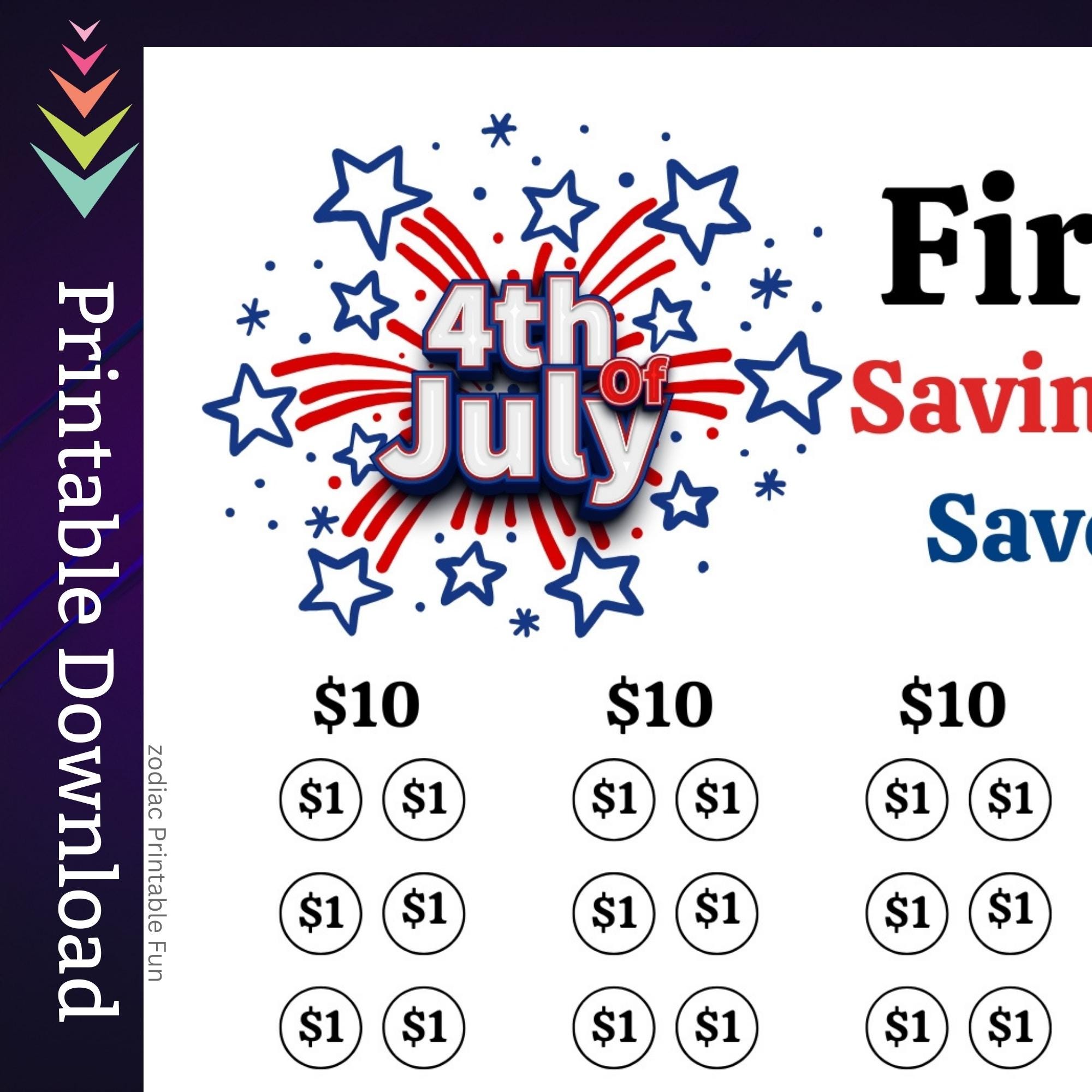 Fireworks Savings Challenge Printable 4th of July Money Saving Sinking ...