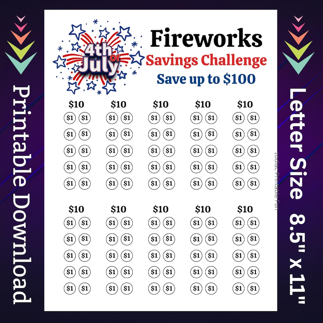 Fireworks Savings Challenge Printable 4th of July Money Saving Sinking ...