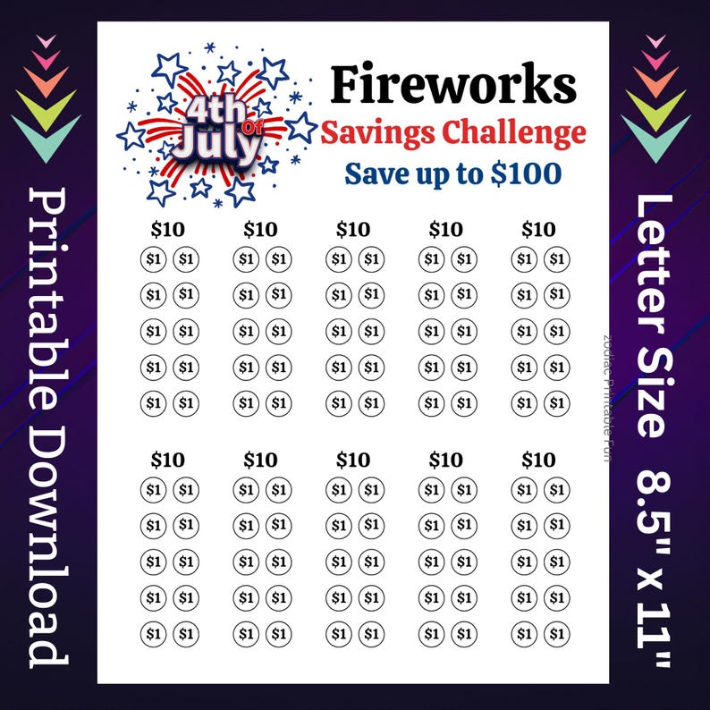 Fireworks Savings Challenge Printable 4th of July Money Saving Sinking ...