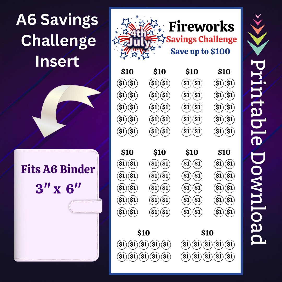 A6 Fireworks Savings Challenge Printable 4th of July Money Saving ...