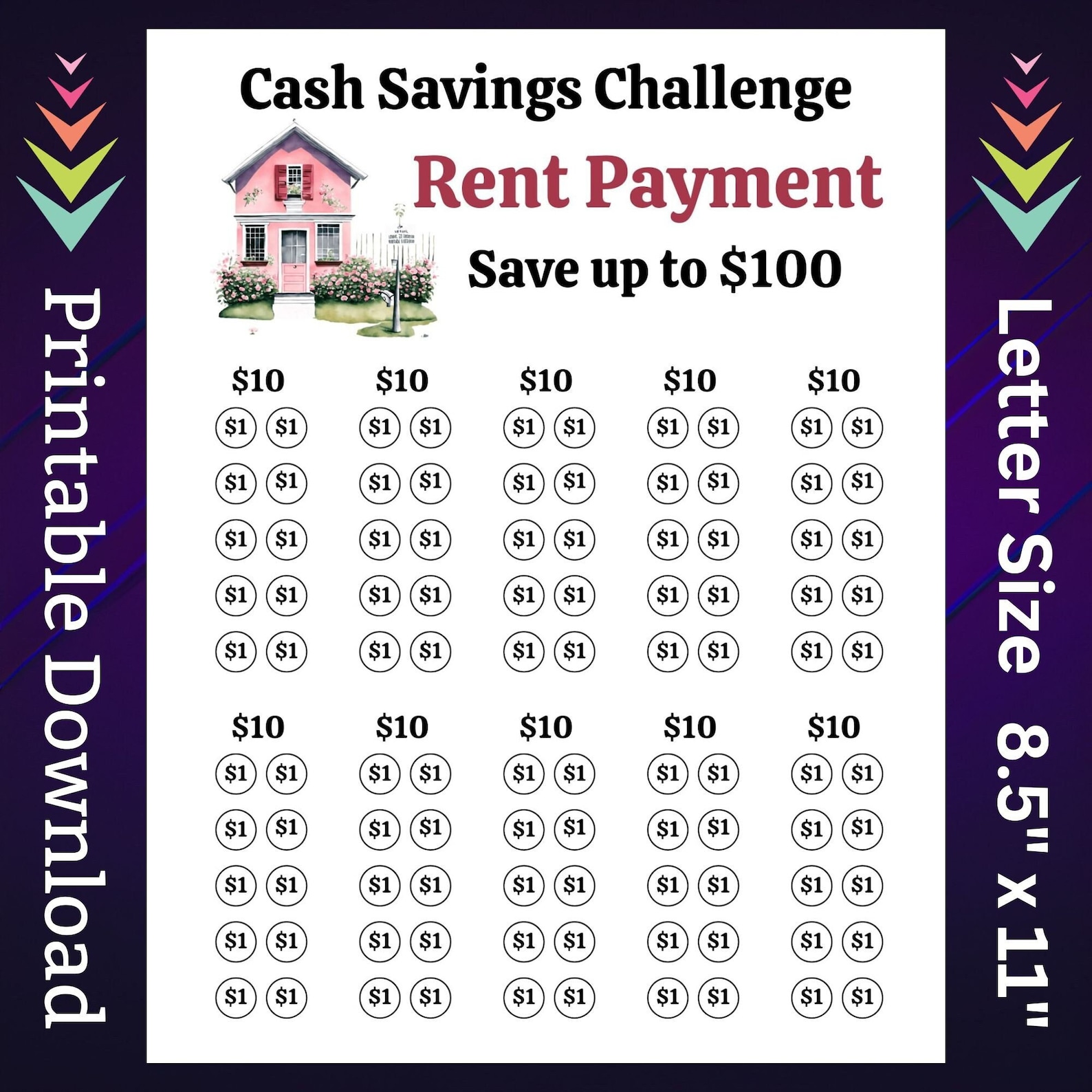 Rent Payment Savings Challenge Printable for Family Home Debt Money ...