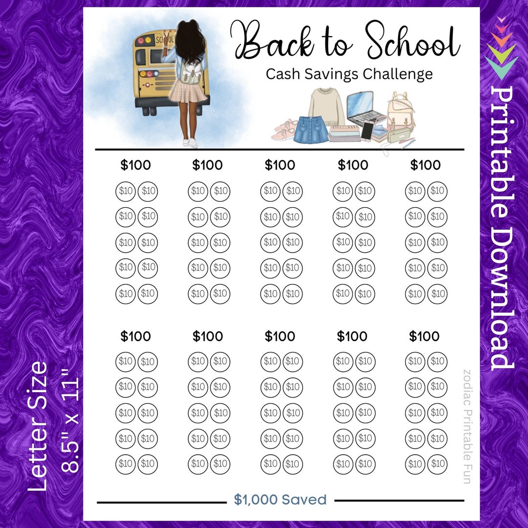 School Cash Savings Challenge Printable for Back to School Student ...