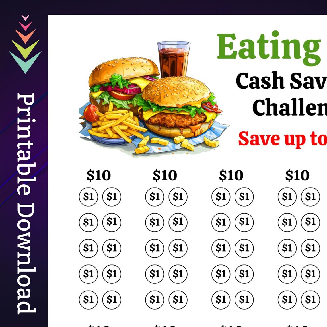 Eating Out Savings Challenge Printable for Family Food Night Out Money ...