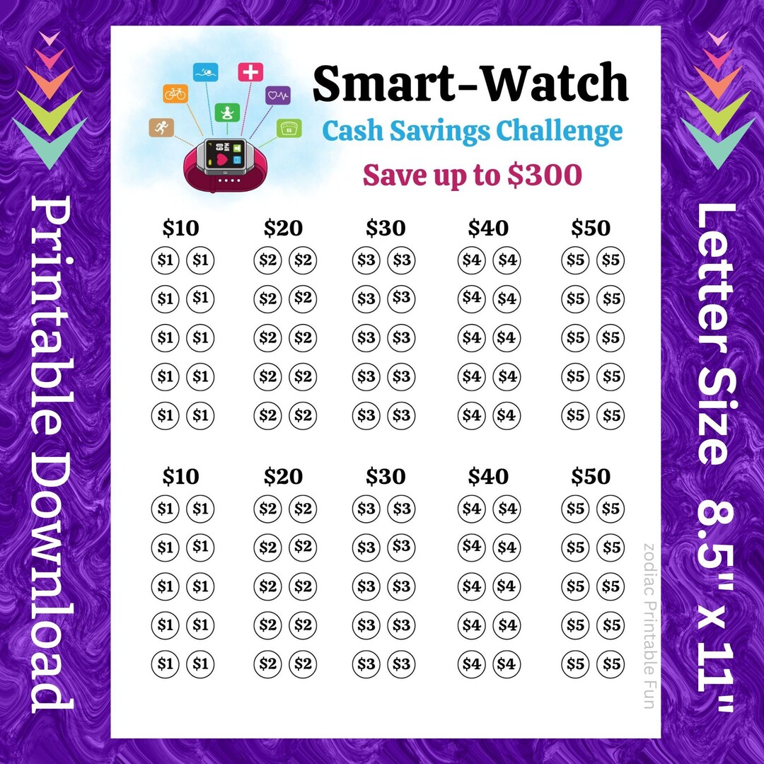 Smart Watch Savings Challenge Printable for Fitness Tracker Wristwatch ...