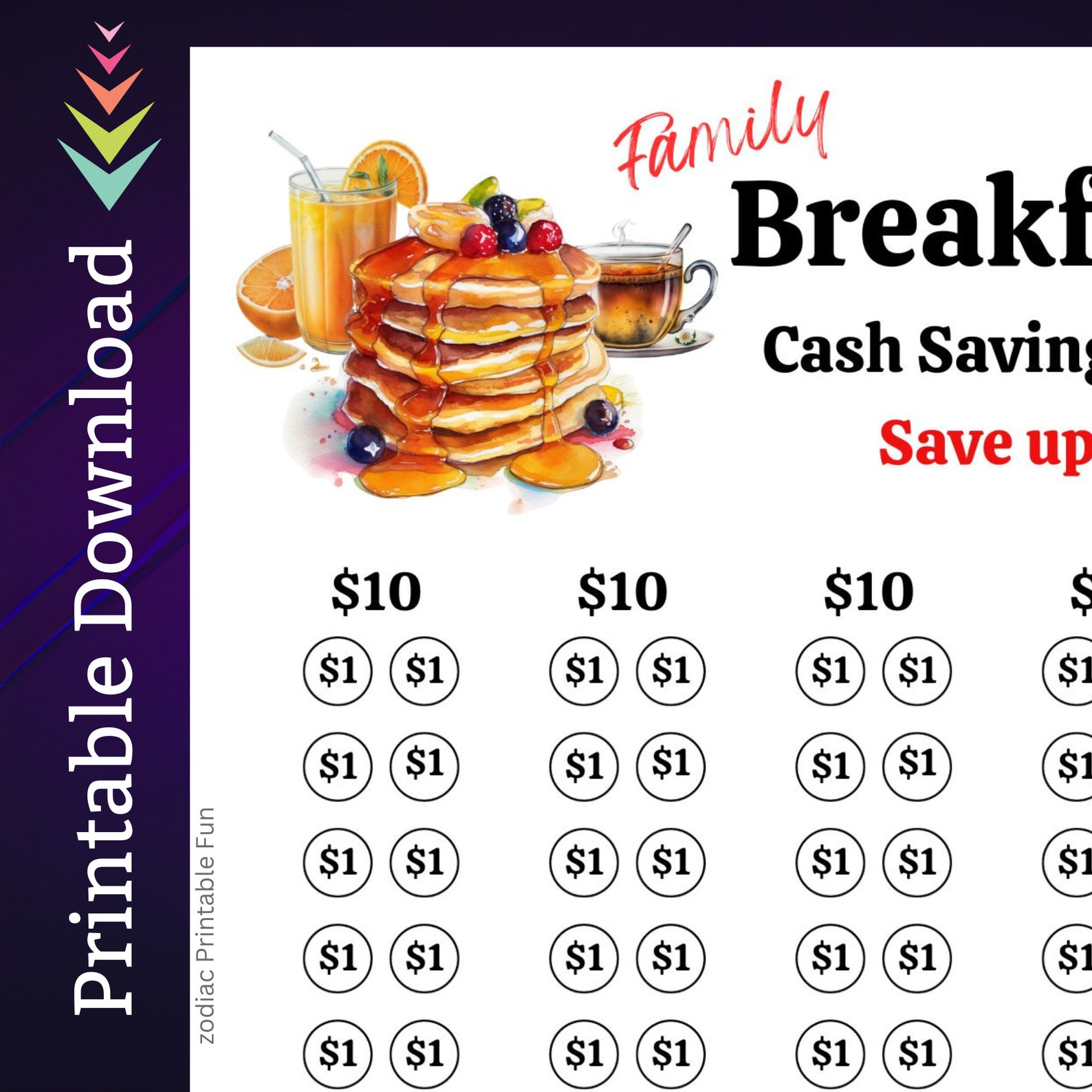 Breakfast Savings Challenge Printable for Morning Breakfast Food Money ...