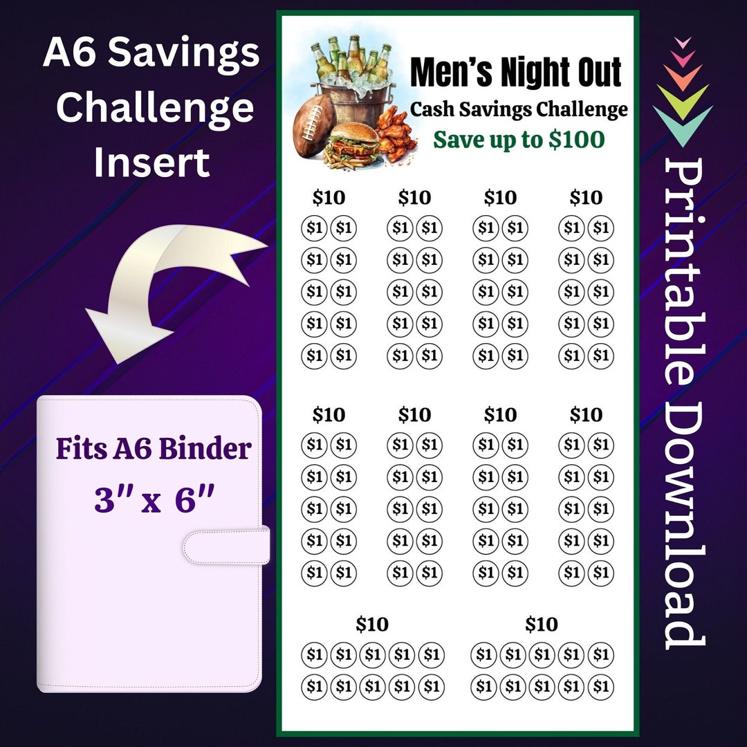 A6 Men Night Out Savings Challenge Printable Insert for Guys Birthday ...