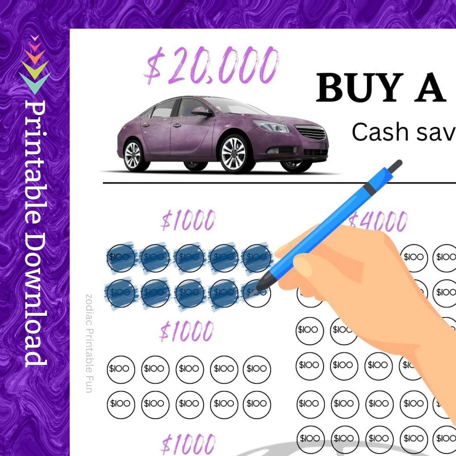 New Car Cash Savings Challenge Printable for Vehicle Purchase - Etsy