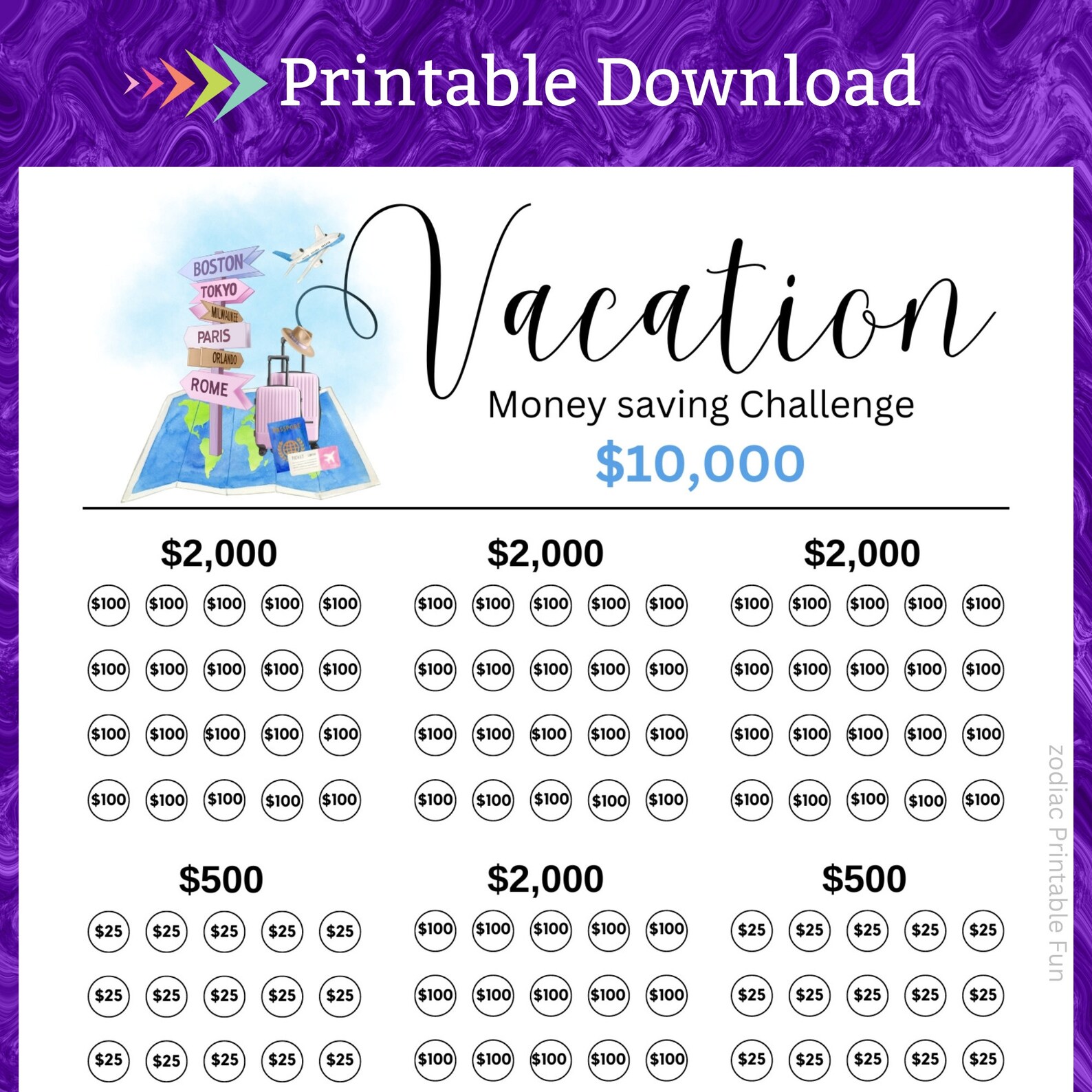 Family Vacation Cash Savings Challenge Printable for Saving Money for ...