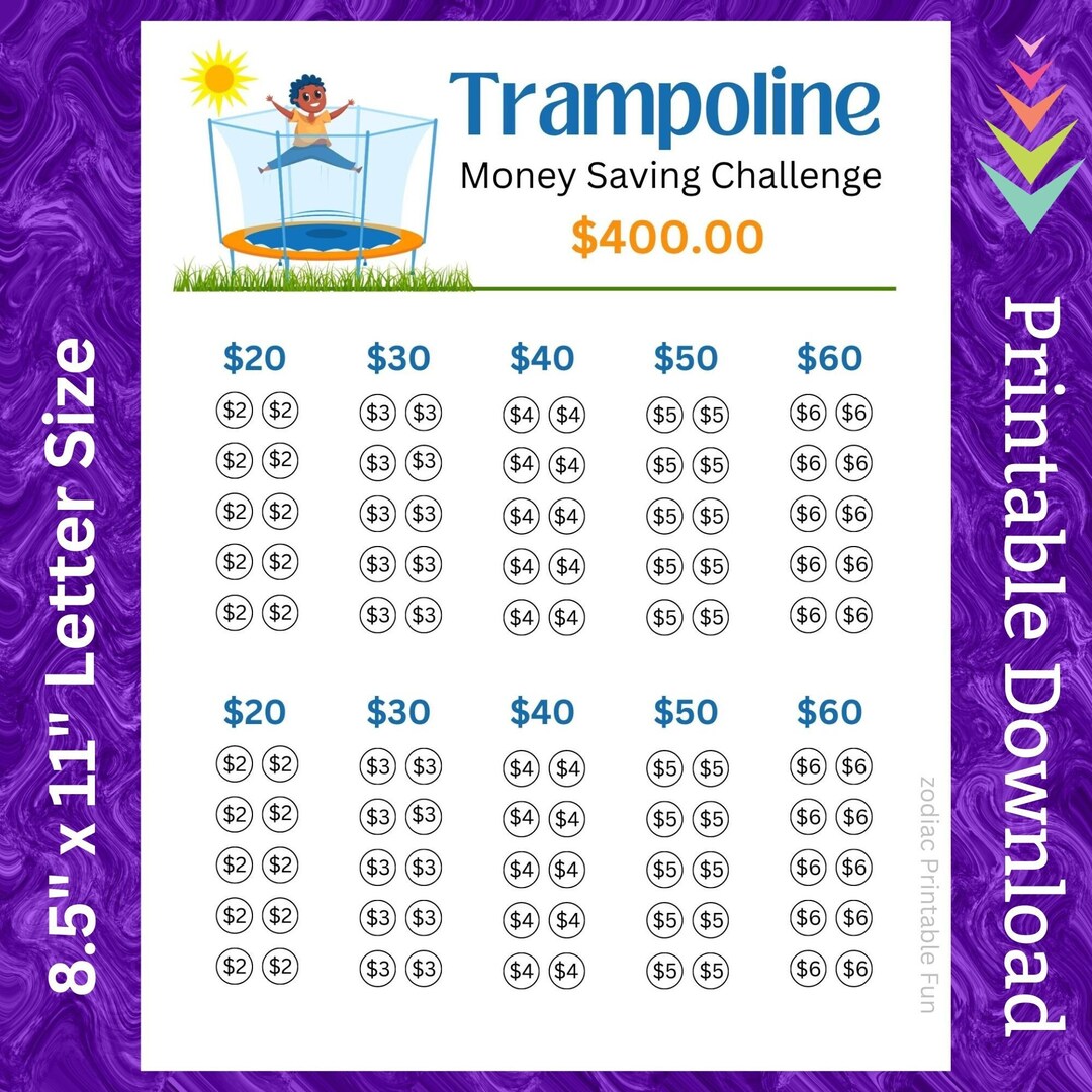 Kids Trampoline Savings Challenge Printable for Summer Fun Money Saving ...