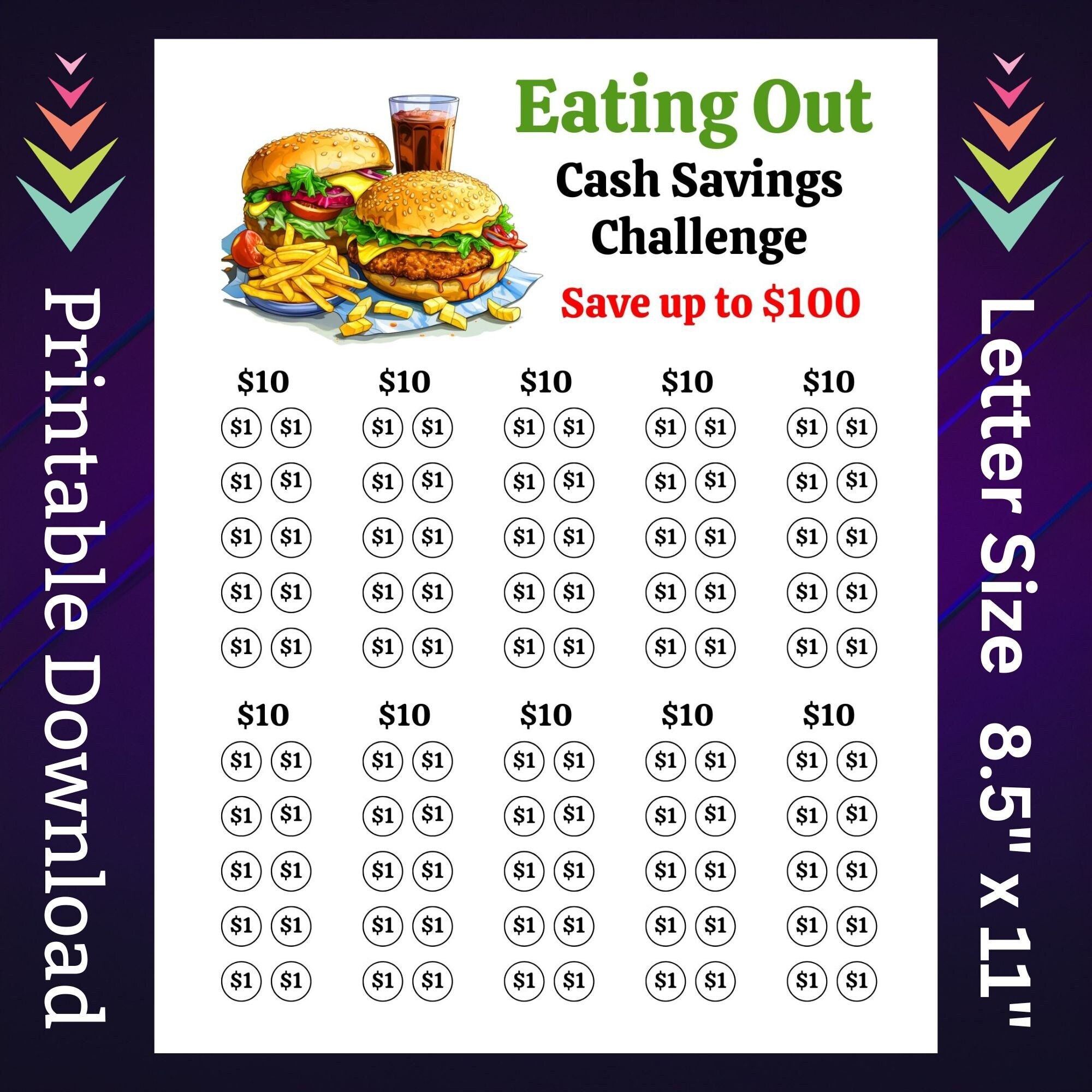 Eating Out Savings Challenge Printable for Family Food Night Out Money ...