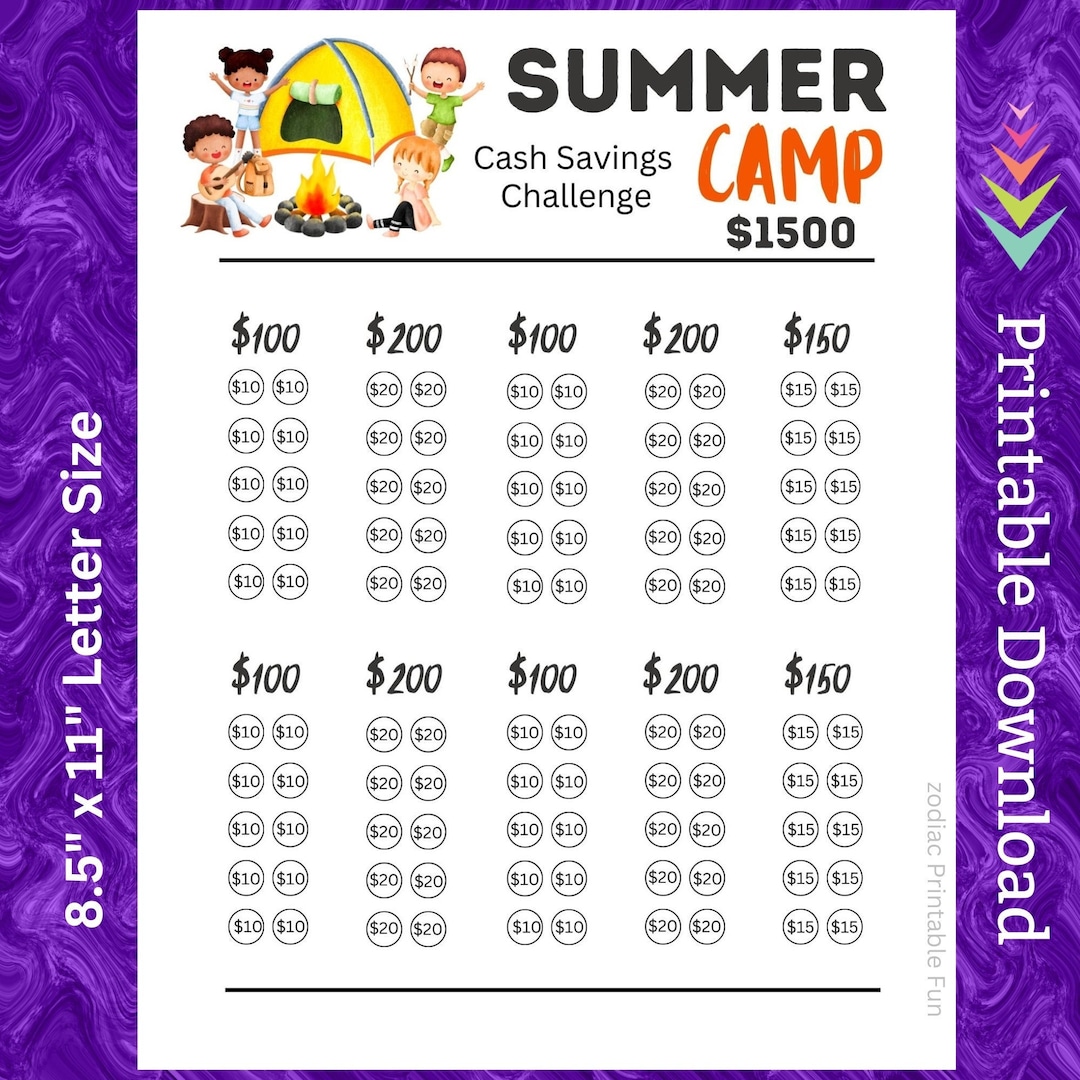 Summer Camp Savings Challenge Printable for Kids Vacation Camping ...