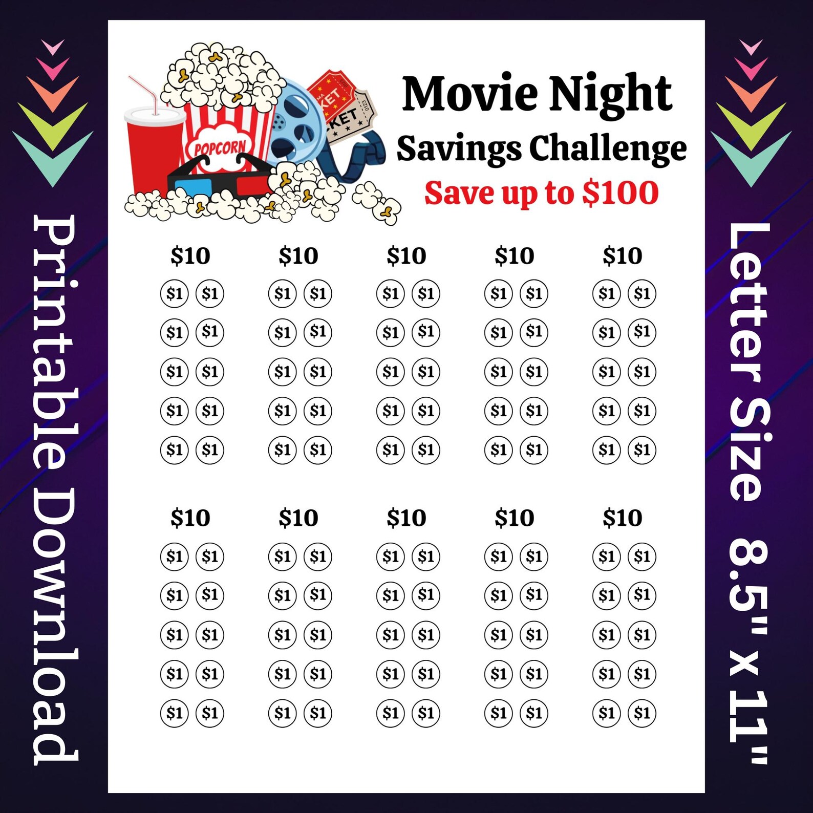 Movie Savings Challenge Printable for Family Night Out Money Saving ...