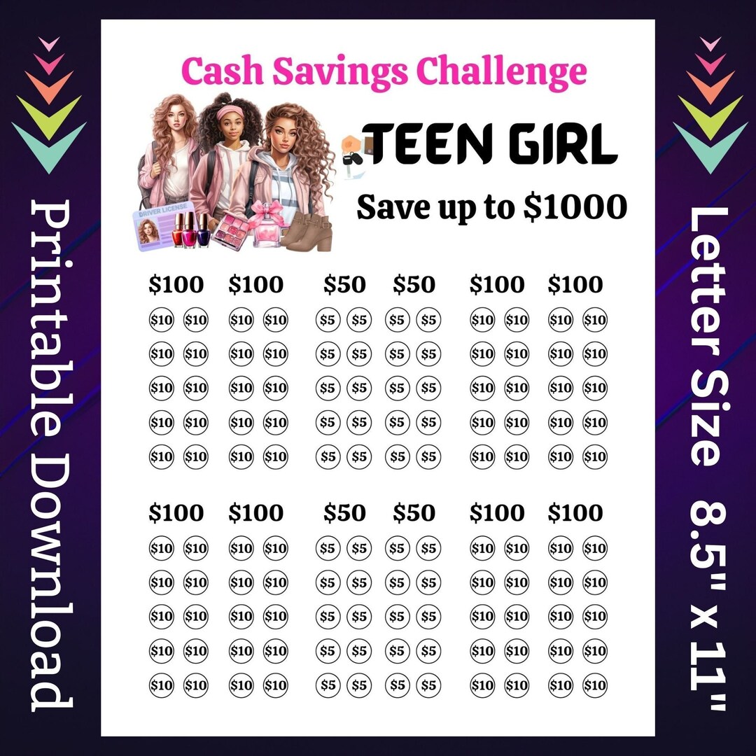 Kids Savings Challenge Printable for Teen Girl Money Saving Fund for ...