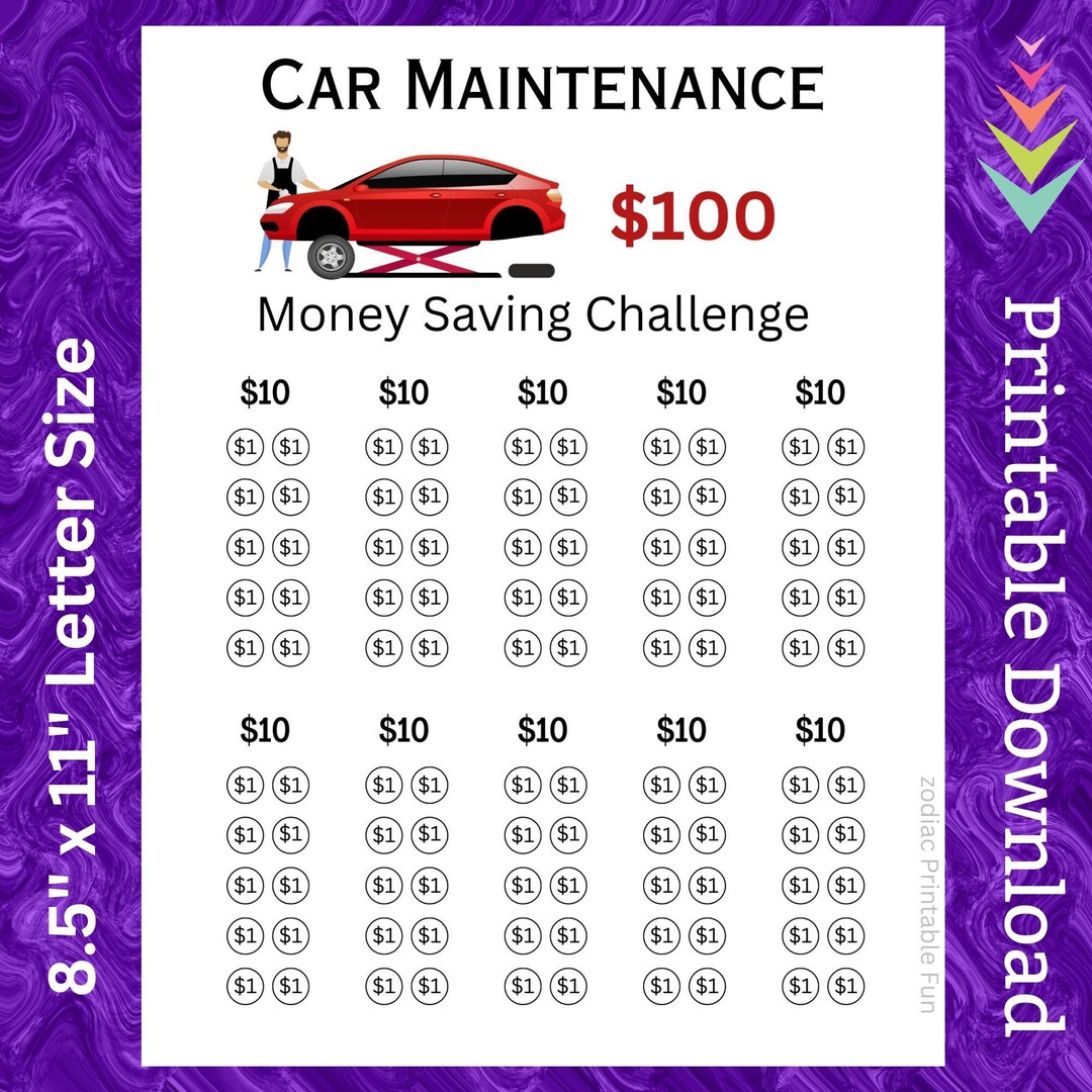 Car Maintenance Saving Challenge Printable for Auto Repair Cash Savings ...