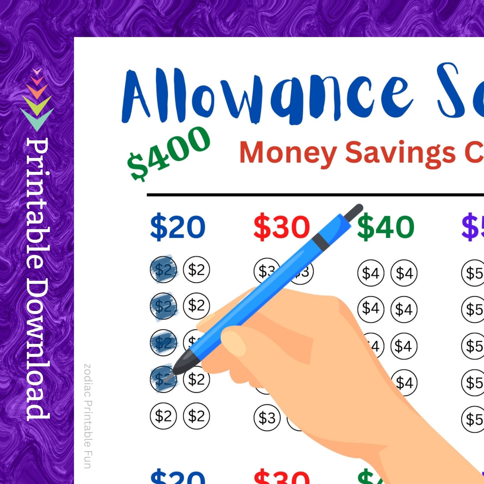 Kids Allowance Savings Challenge Printable for Children Budgeting Cash ...
