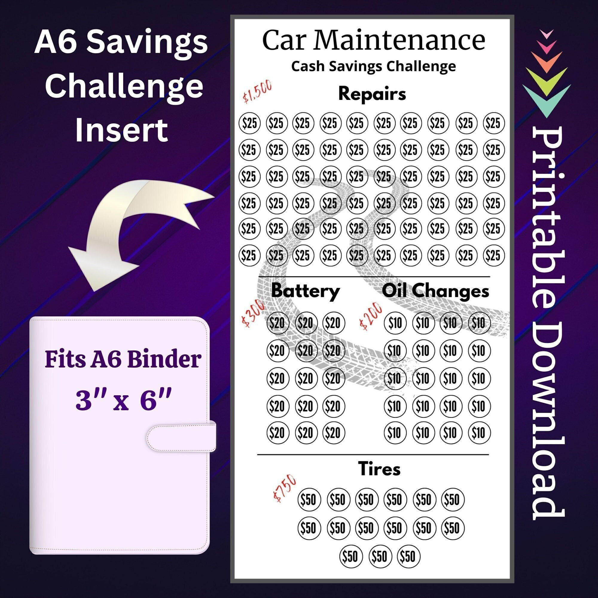 A6 New Driver Savings Challenge Printable for Car Maintenance Money ...