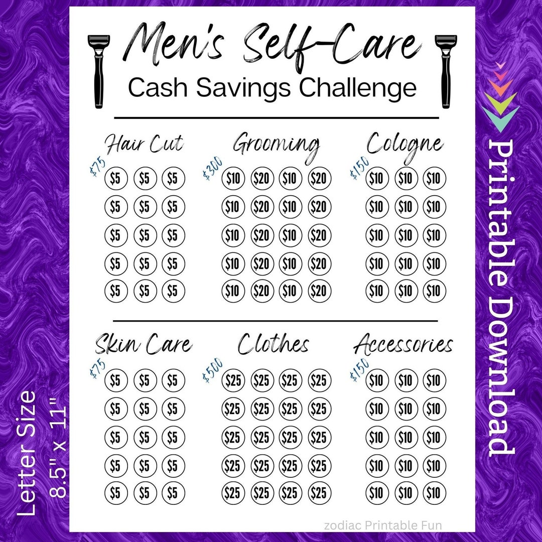 Men Savings Challenge Printable for Men Self Care Money Saving Fund for ...