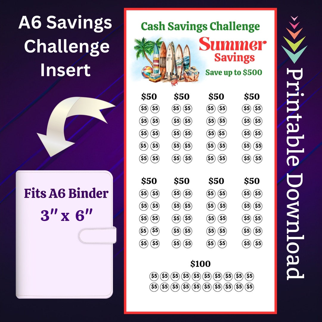 A6 Summer Savings Challenge Printable Insert for Summer Fun Cash ...