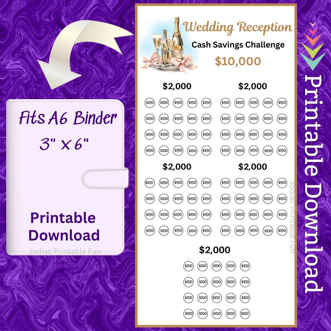 A6 Wedding Reception Savings Challenge Printable Insert for Wedding ...