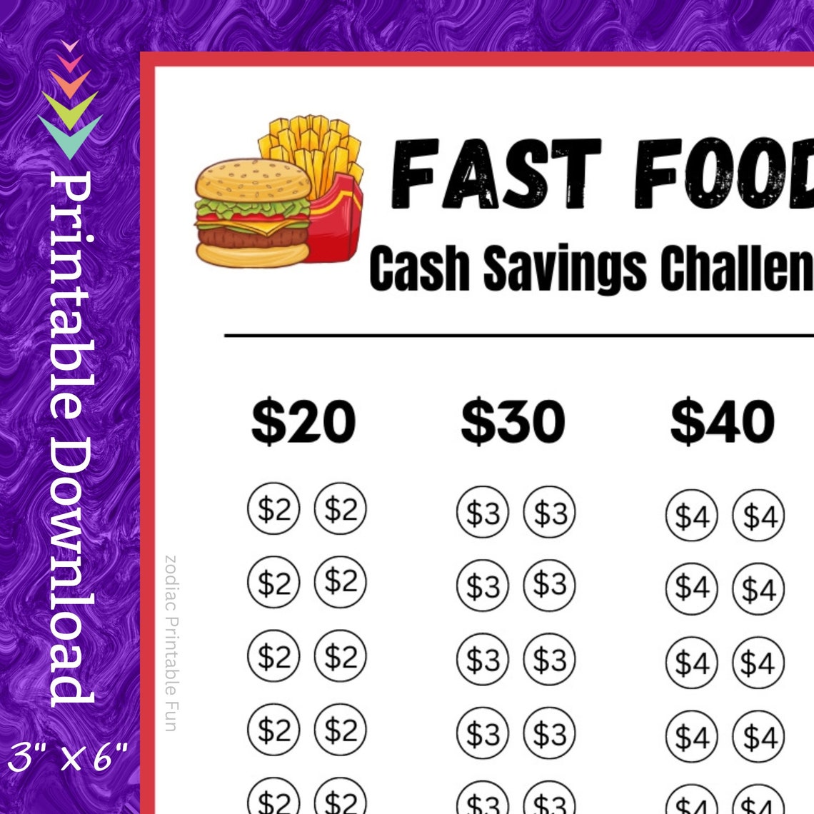 A6 Savings Challenge Printable Insert for Fast Food Restaurant Money ...