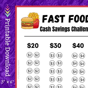 A6 Savings Challenge Printable Insert for Fast Food Restaurant Money ...