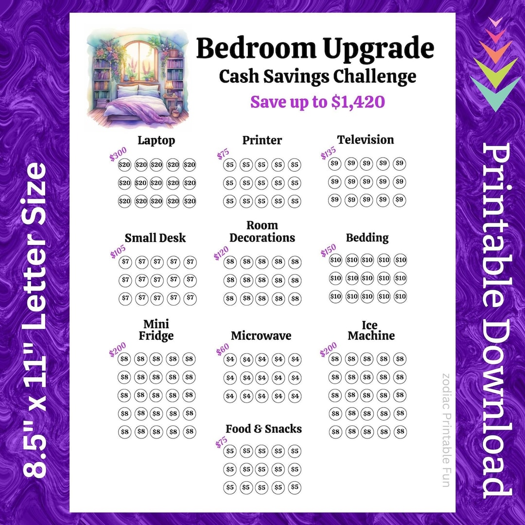 Bedroom Savings Challenge Printable for Bedroom Upgrade Money Saving ...