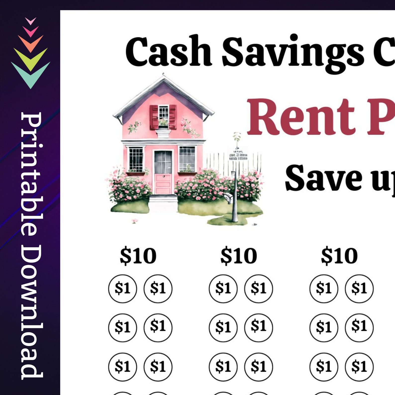 Rent Payment Savings Challenge Printable for Family Home Debt Money ...
