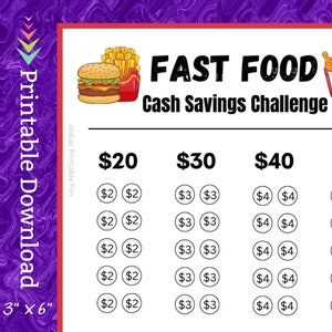 A6 Savings Challenge Printable Insert for Fast Food Restaurant Money ...