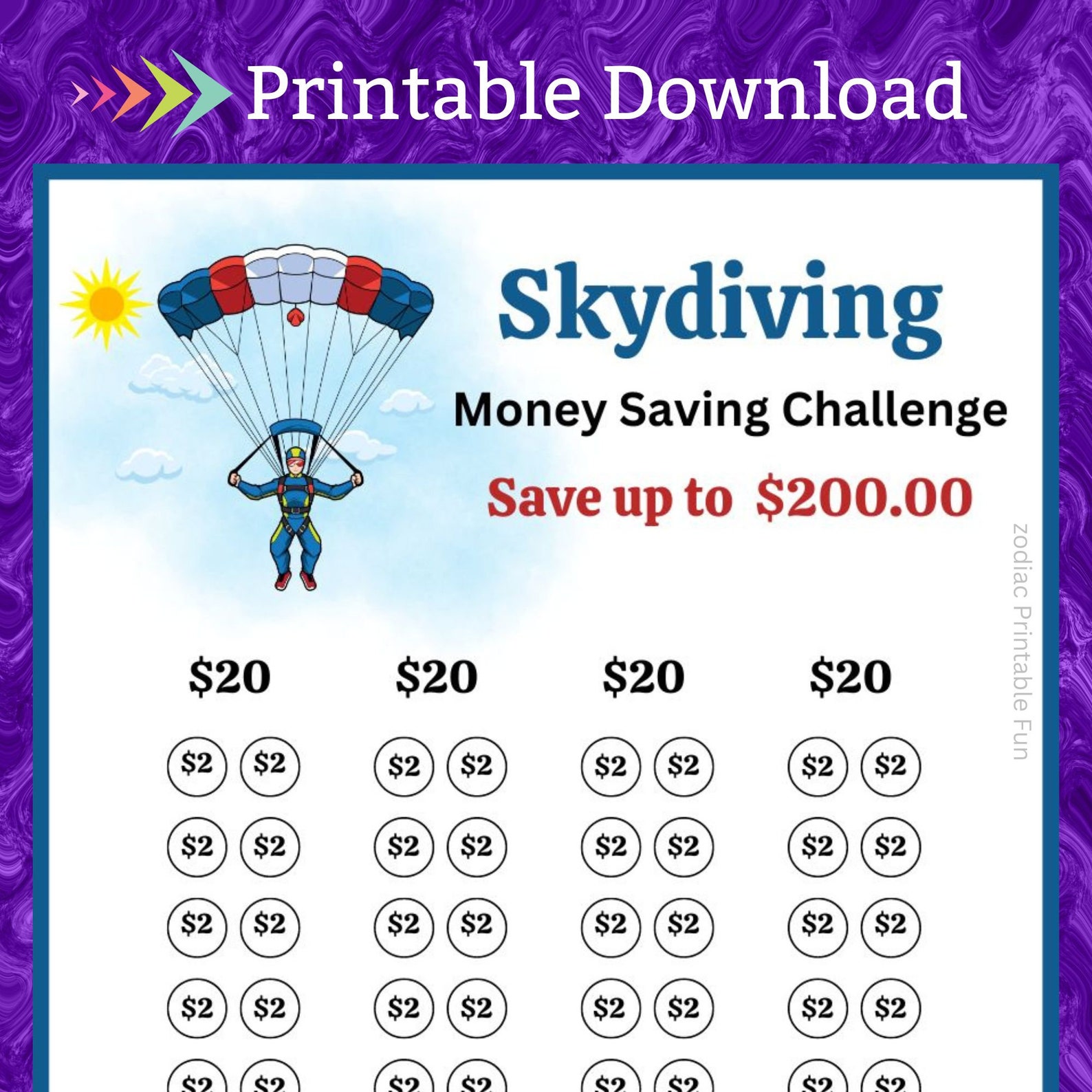 A6 Skydiving Savings Challenge Printable for Skydiver Parachute Jump ...