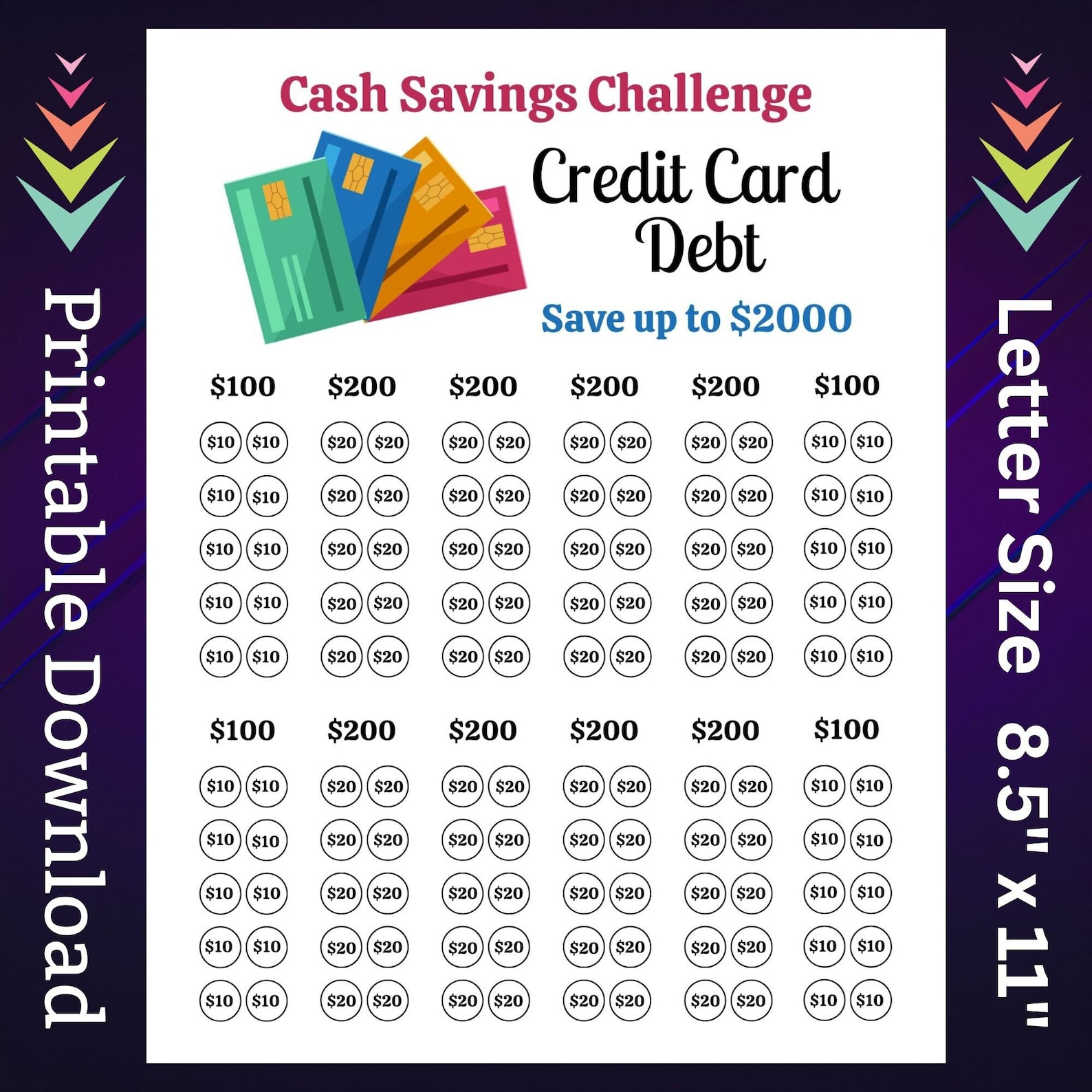 Debt Payoff Savings Challenge Printable for Credit Card Payment Money ...