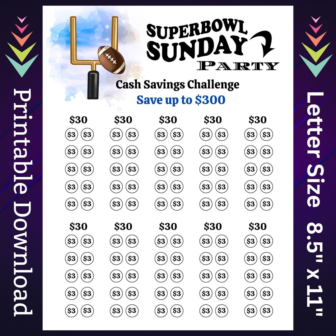 Superbowl Savings Challenge Printable for Football Fans Money Saving ...
