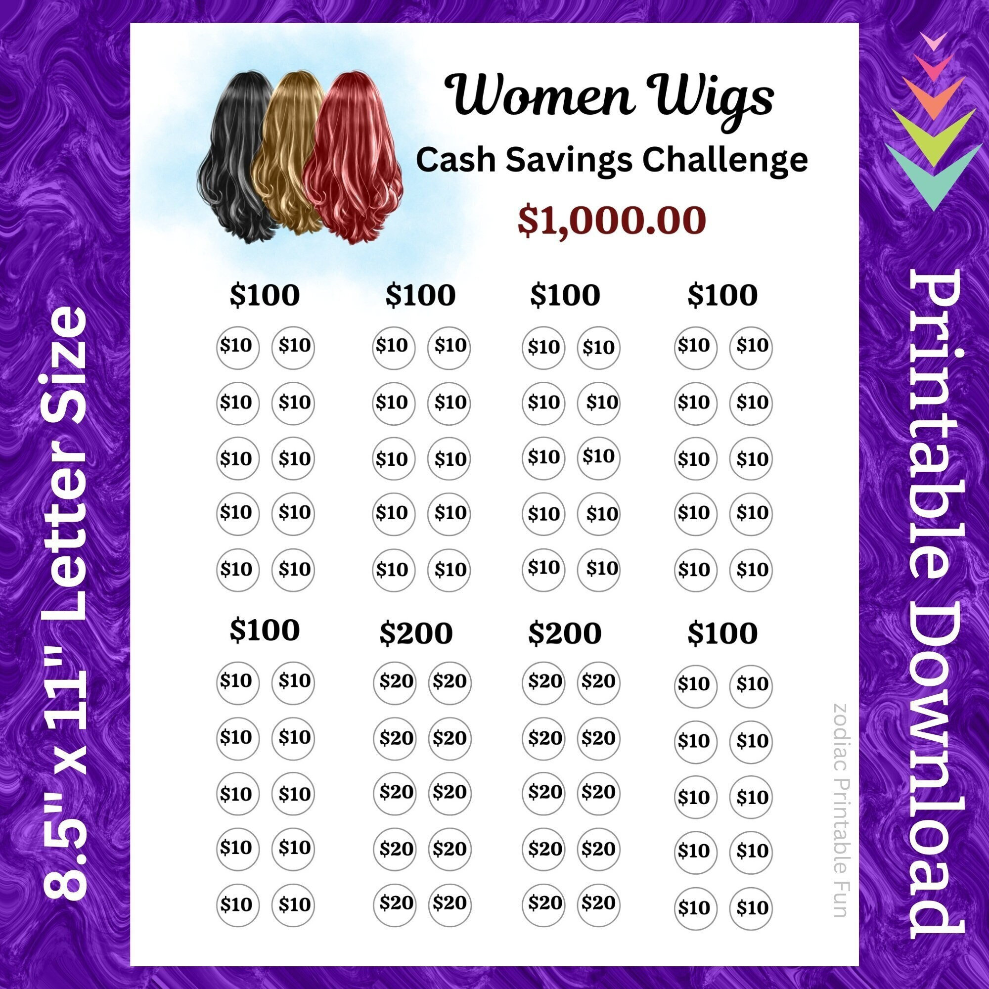 Women Wigs Savings Challenge Printable for White Black Women Wig Cash ...