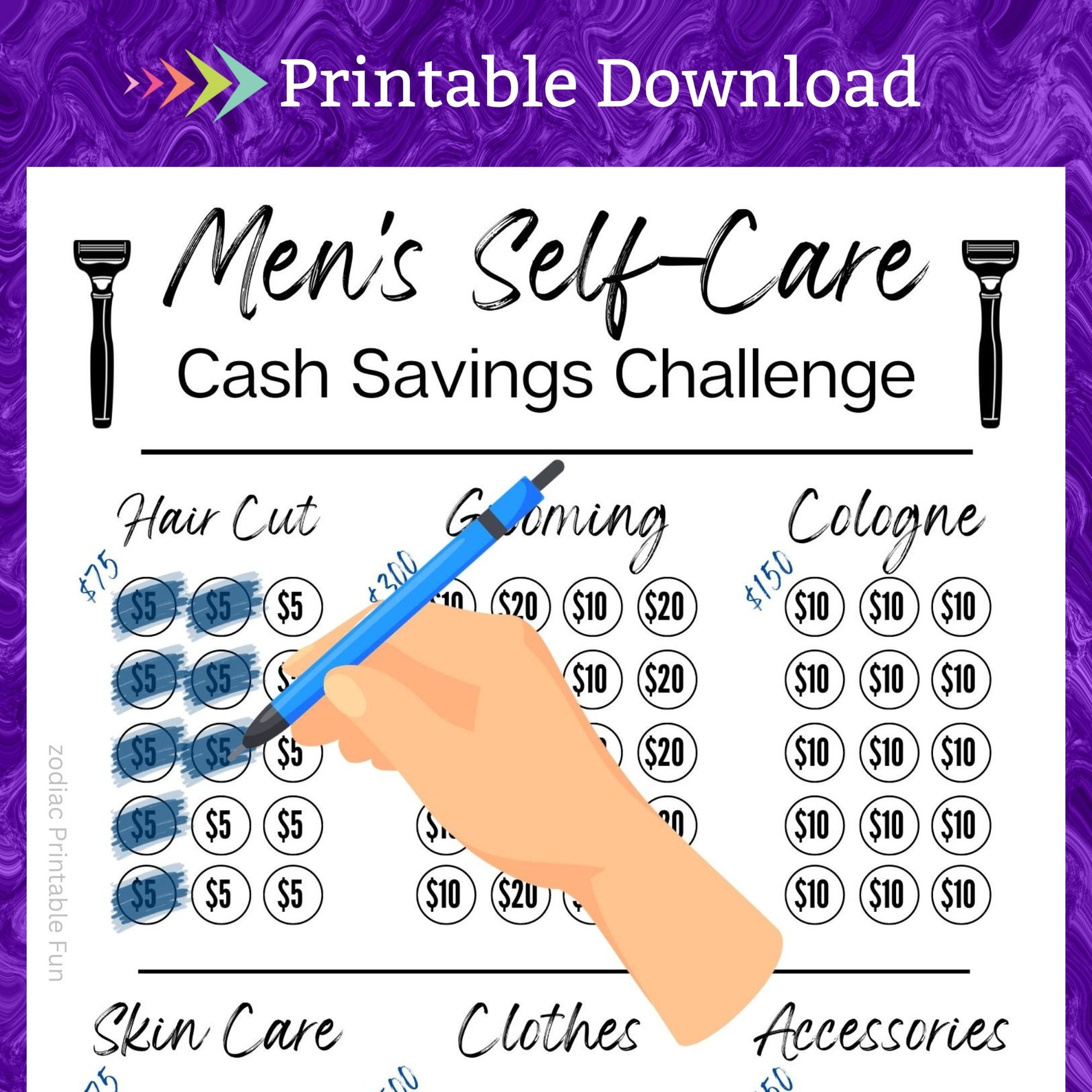 Men Savings Challenge Printable for Men Self Care Money Saving Fund for ...