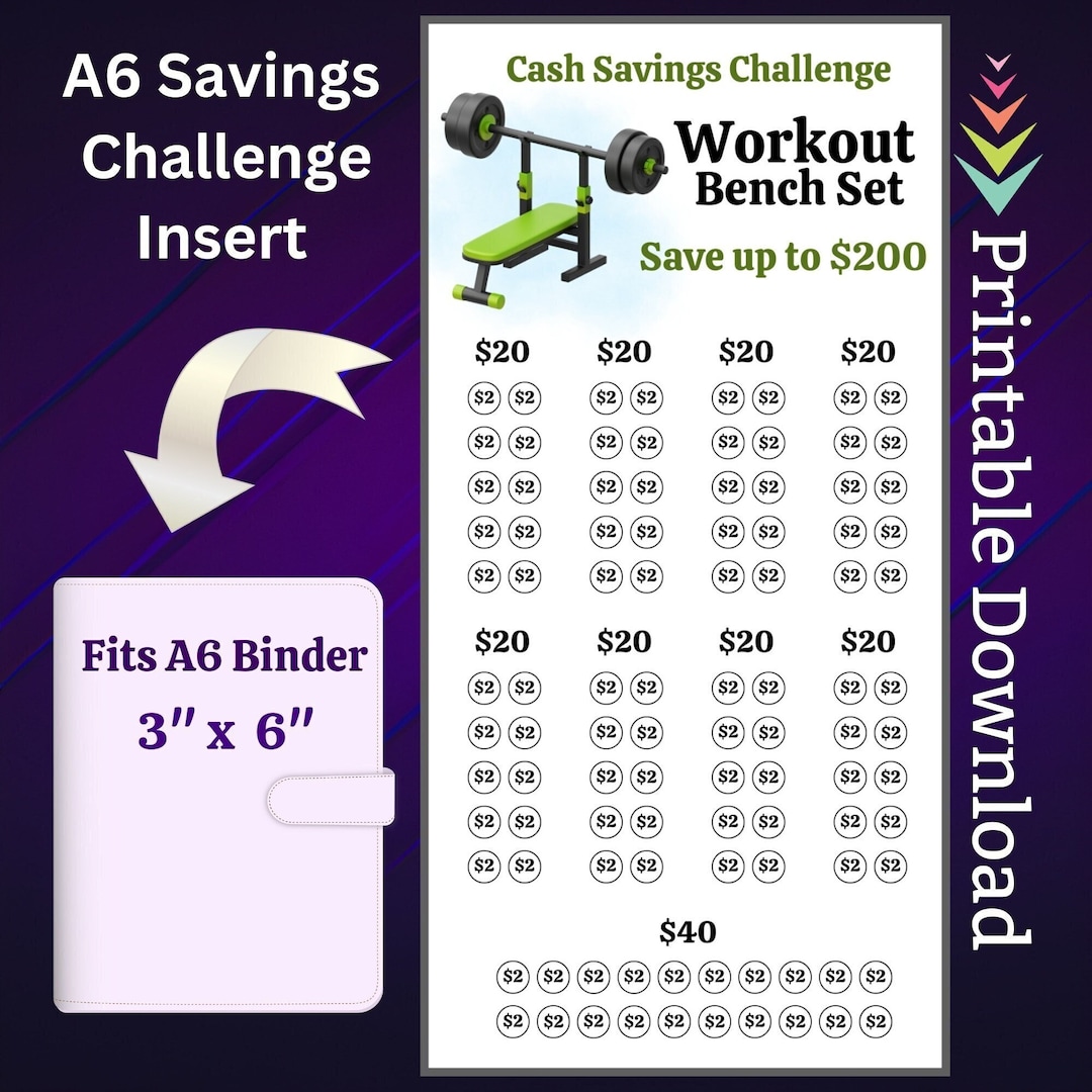 A6 Weightlifting Savings Challenge Printable for Workout Bench Set ...