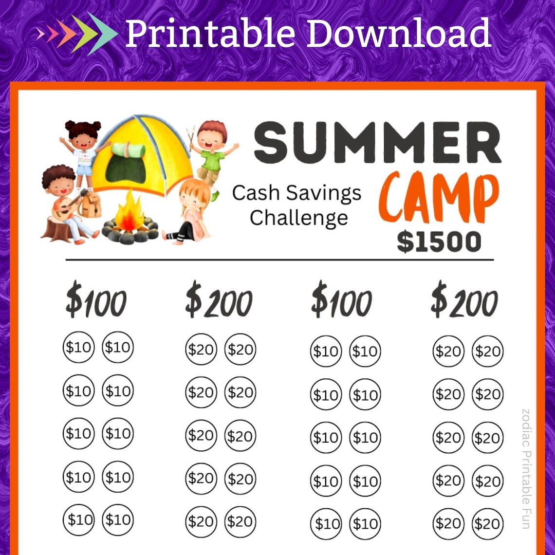 A6 Kids Summer Camp Cash Savings Challenge Activities Printable | A6 ...