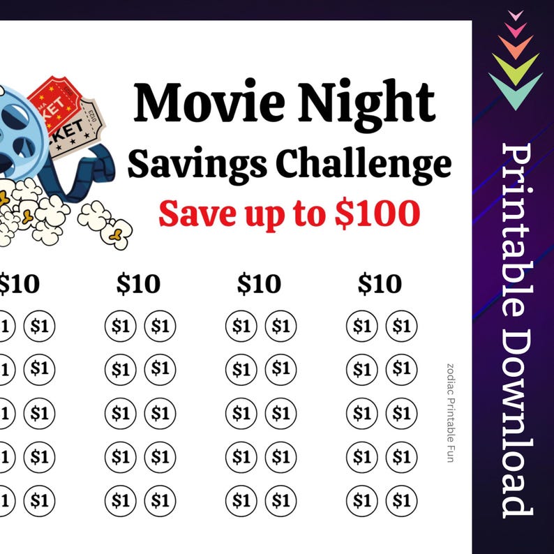 Movie Savings Challenge Printable for Family Night Out Money Saving ...