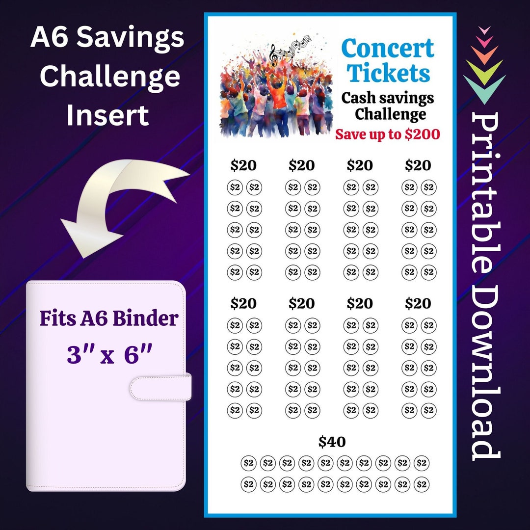 A6 Concert Tickets Savings Challenge Printable for Music Band Money ...