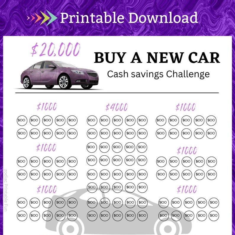 New Car Cash Savings Challenge Printable for Vehicle Purchase - Etsy