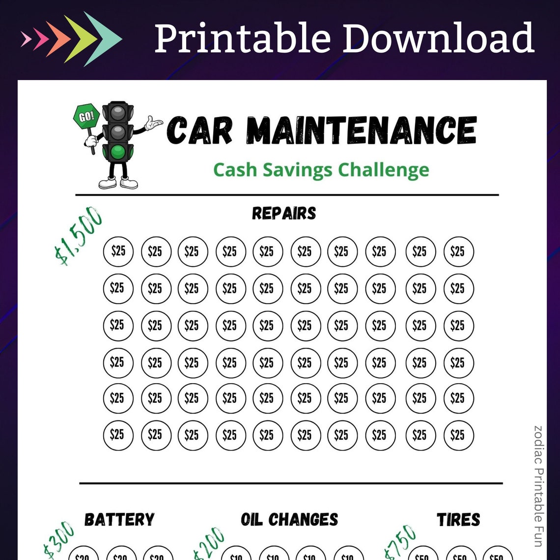 Car Savings Challenge Printable for Car Maintenance for Auto Repair ...