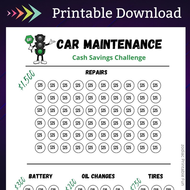Car Savings Challenge Printable for Car Maintenance for Auto Repair ...