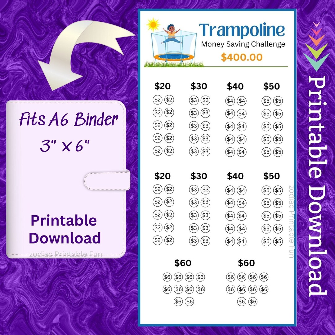 A6 Kids Trampoline Savings Challenge Printable for Summer Fun Money ...