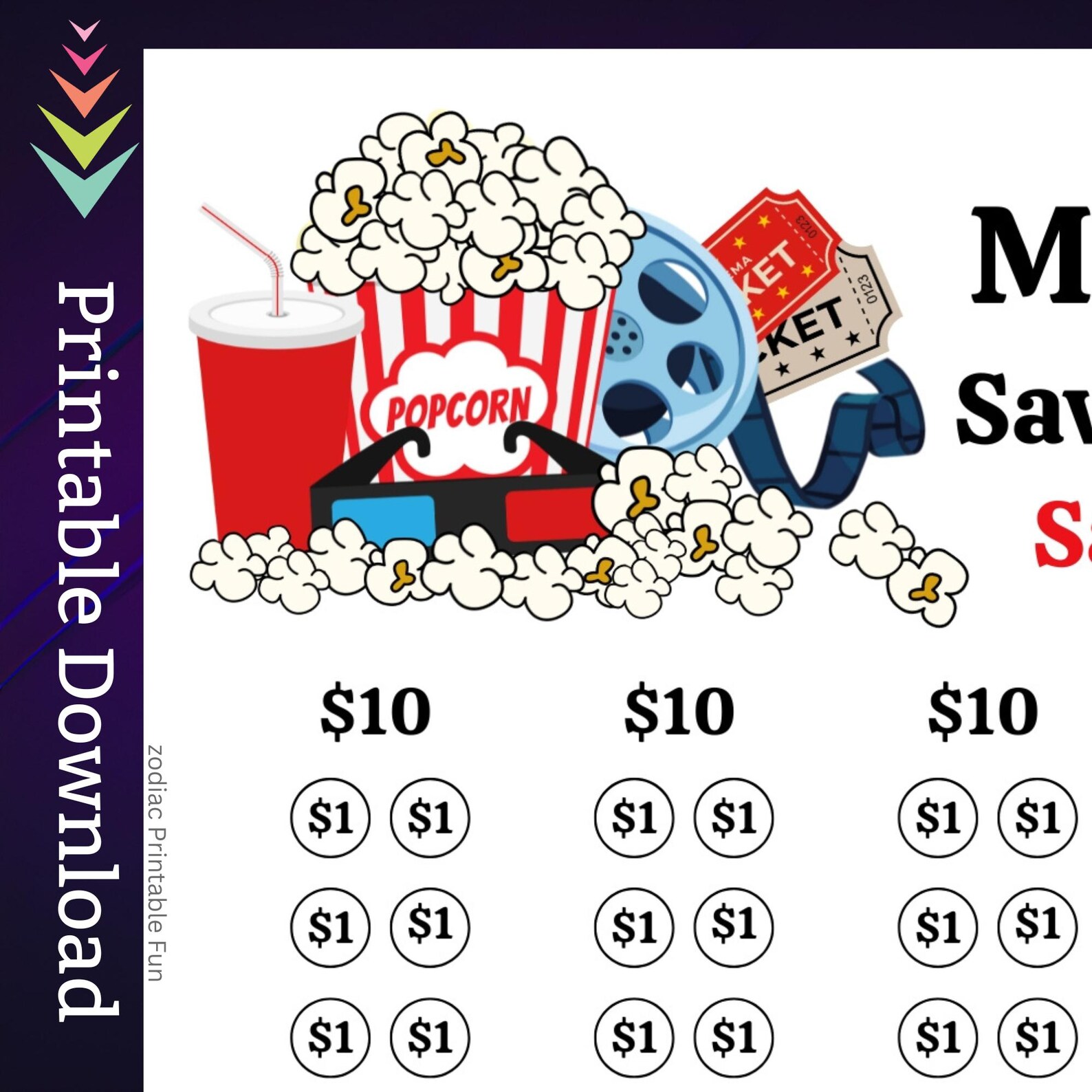 Movie Savings Challenge Printable for Family Night Out Money Saving ...