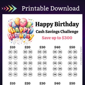 Happy Birthday Savings Challenge Printable for Birthday Party Cash ...